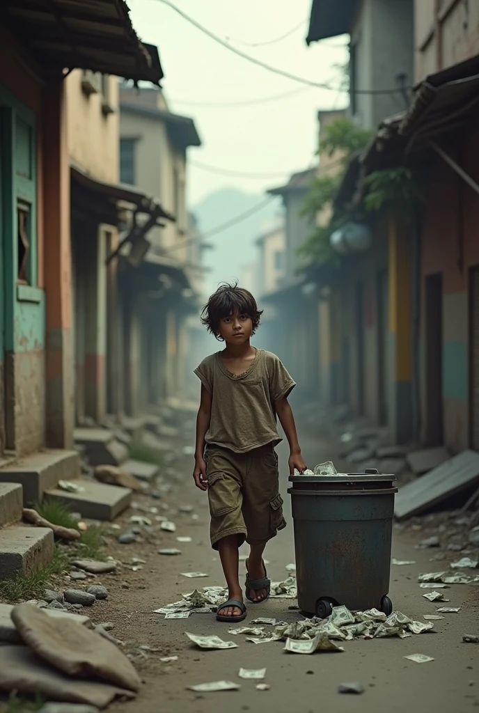 Old Buildings, The poor and messy boy walking on the street gets rich ...