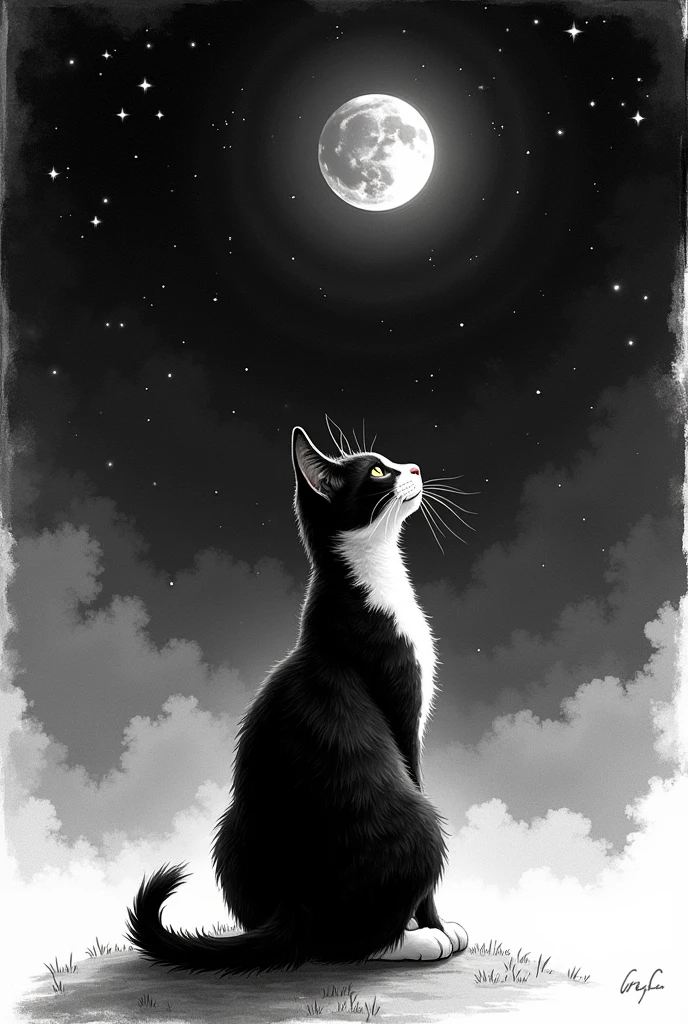 A colorless drawing of a black and white cat with its back to the moon ...