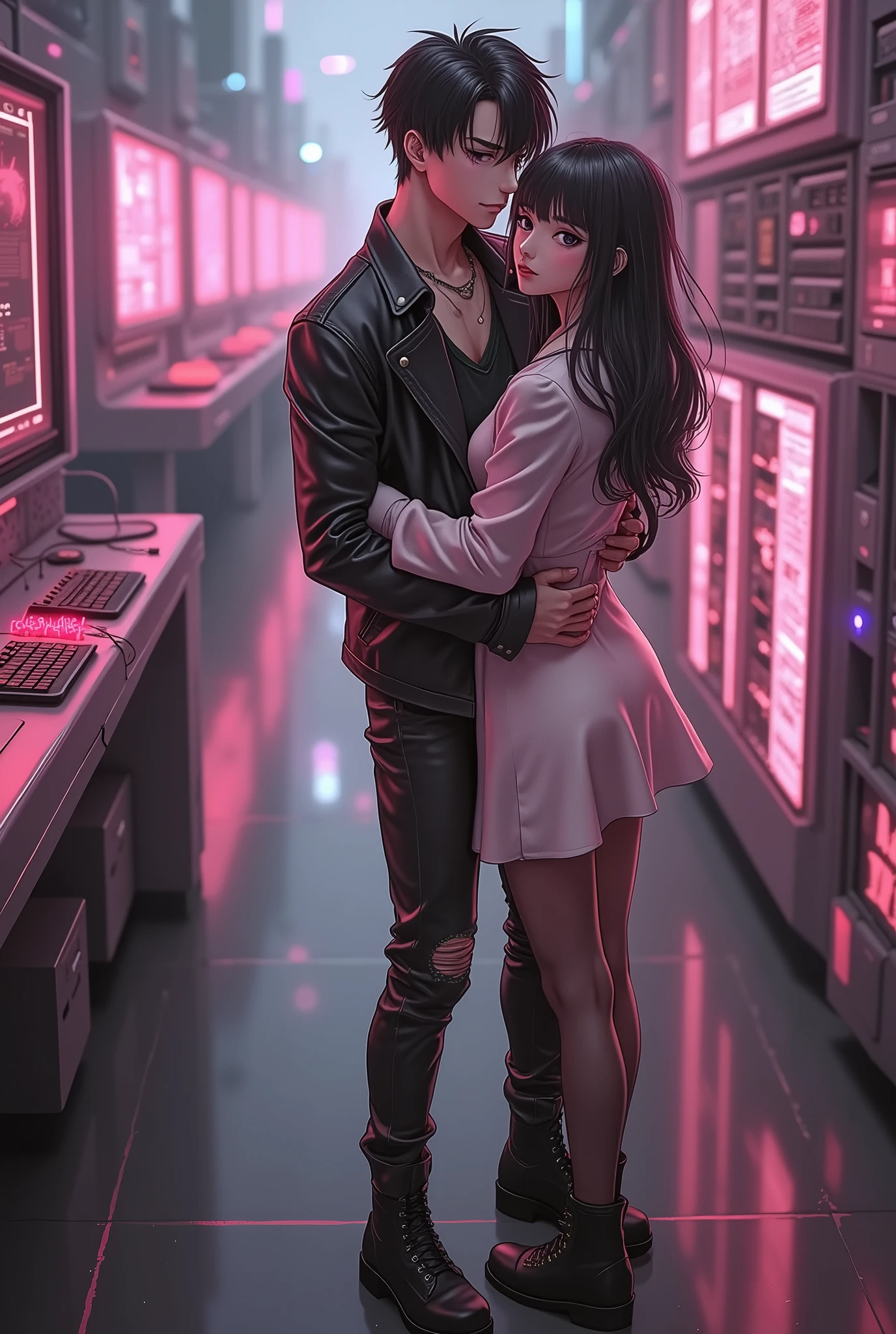 Cyberpunk heterosexual couple hugging looking at camera, anime manga ...