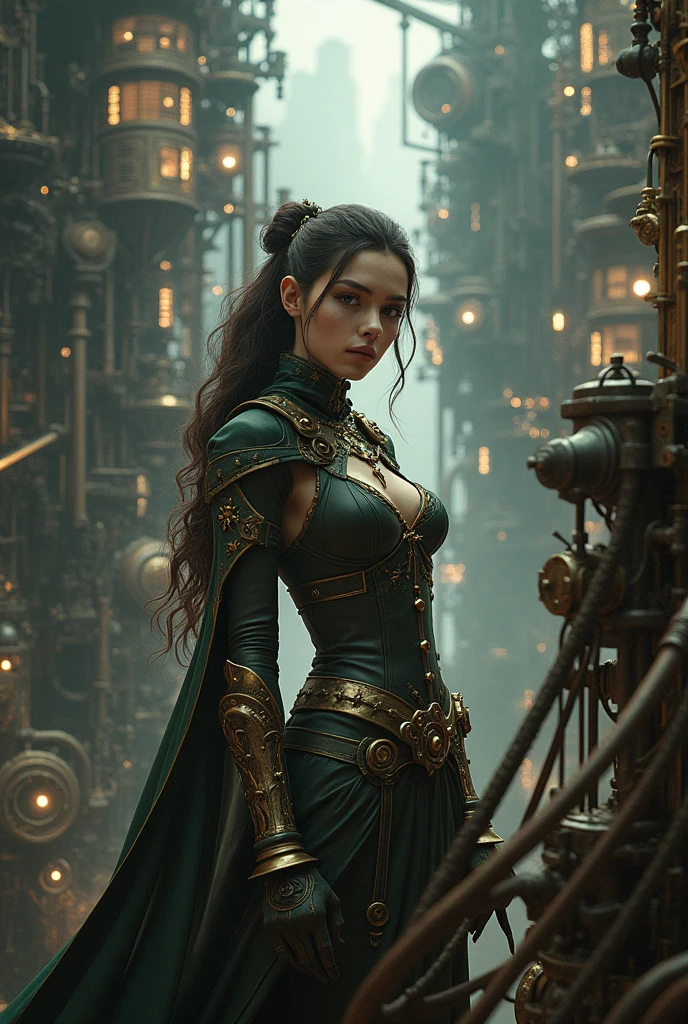 A beautiful steampunk woman, steampunk clothes, huge steampunk ...