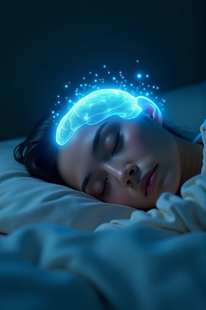 A close-up of a peacefully sleeping person, with their brain glowing ...