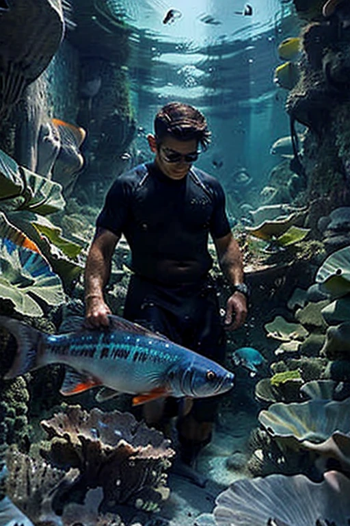 A boy swims at the bottom of the sea，serpent , raised sexy - SeaArt AI