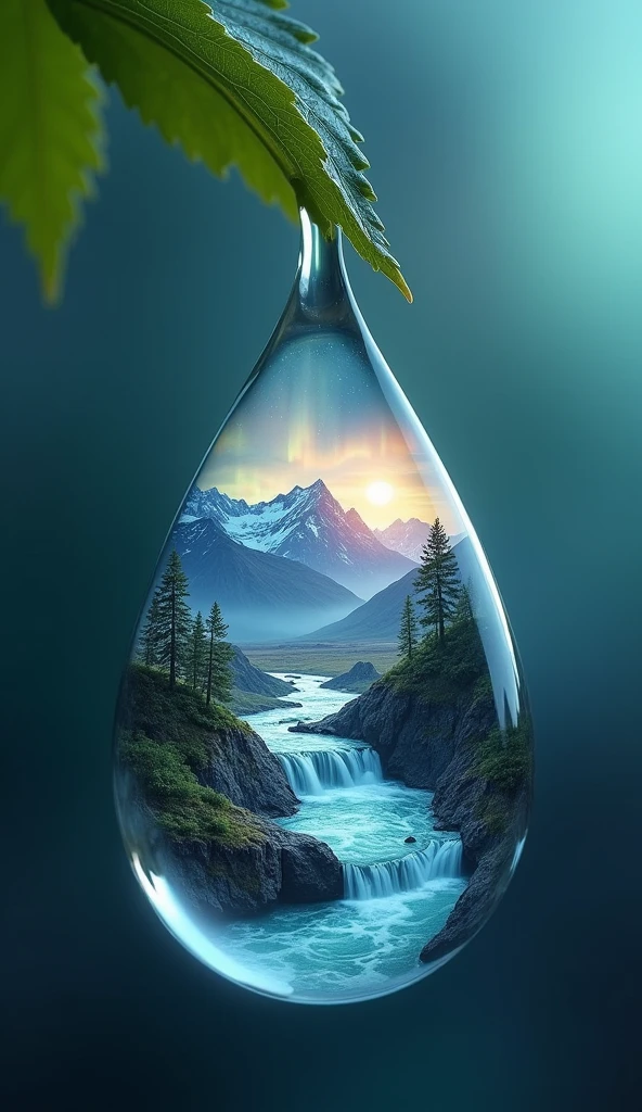 A single, crystal-clear raindrop hangs delicately on the edge of a leaf ...