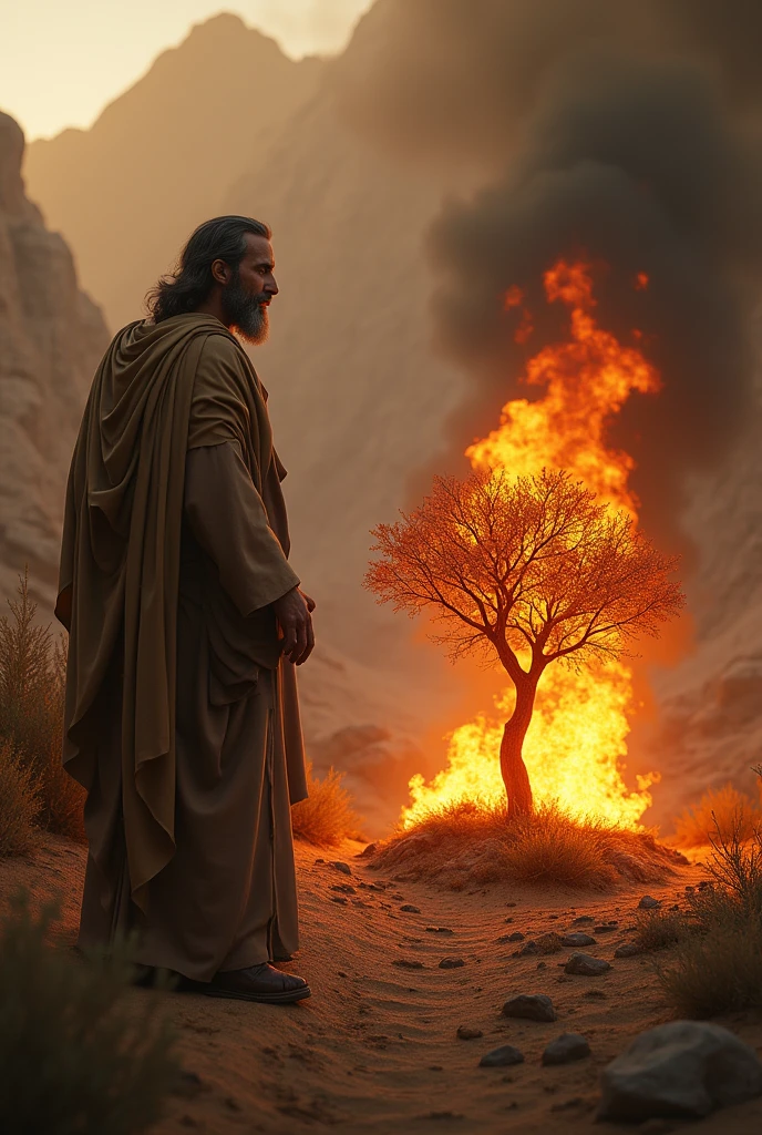 Small tree burning and Moses looking - SeaArt AI