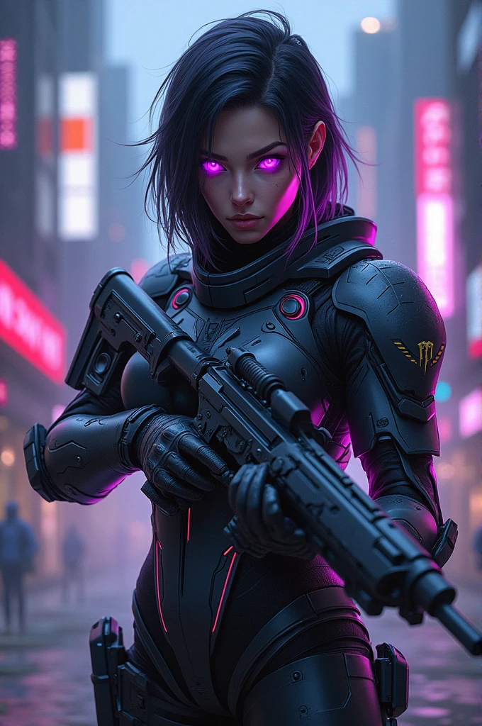 Cyberpunk purple Eyes girl dressed in high technology armor with hi ...