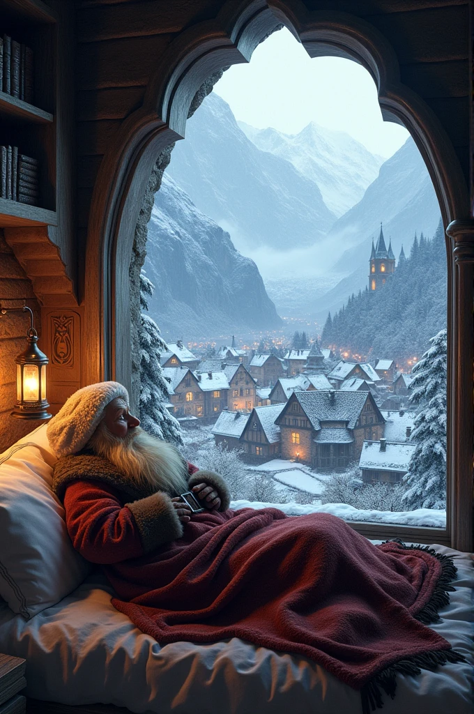 Dwarf lying in his bed on the mountain at night and looking at the snow ...