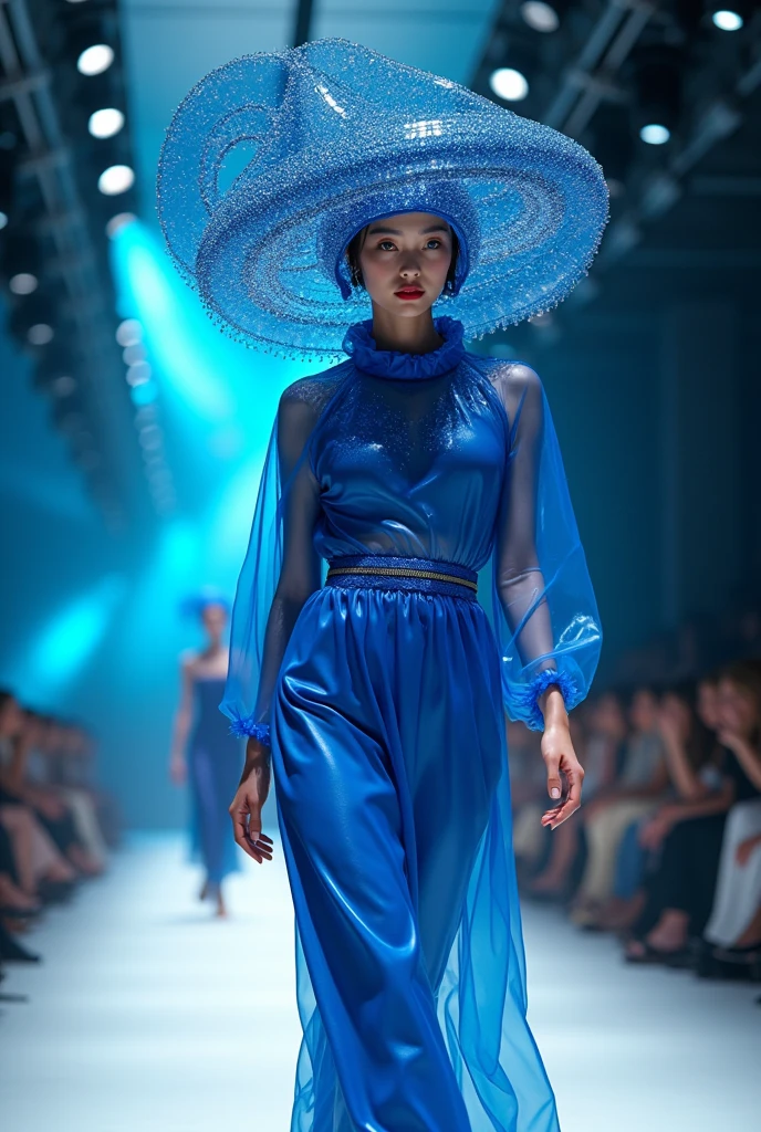 Ogue Runway + Full-body shot of an Asian supermodel wearing a blue hat ...