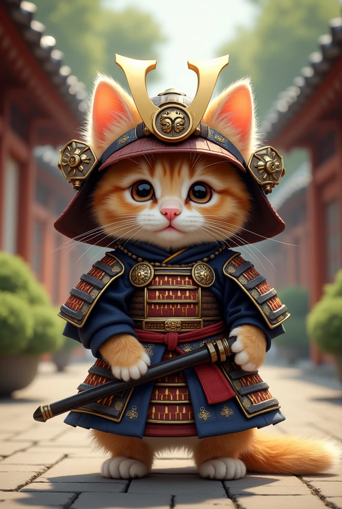 Kitten cute Samurai costume Edo background Real - SeaArt AI