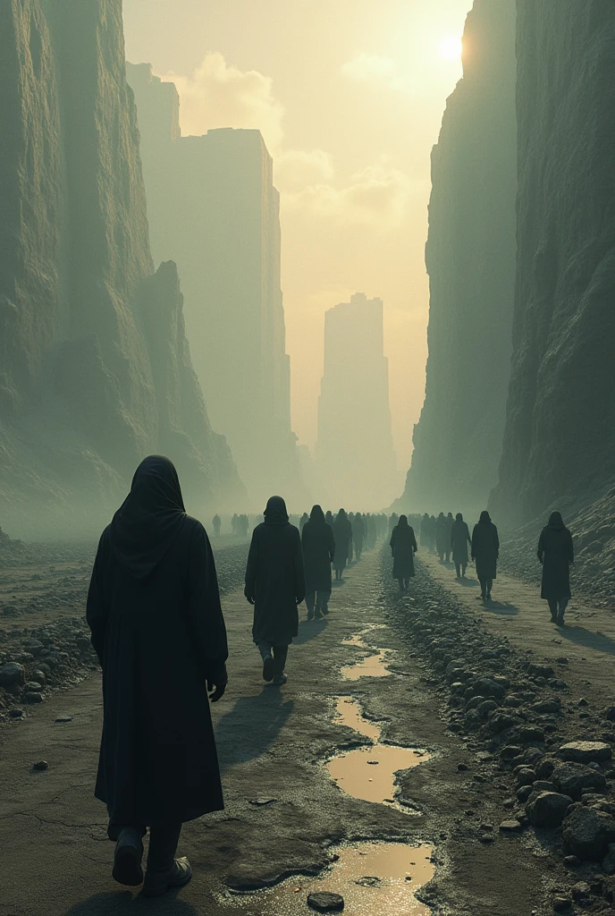 An endless river of figures, trudging through a barren landscape ...