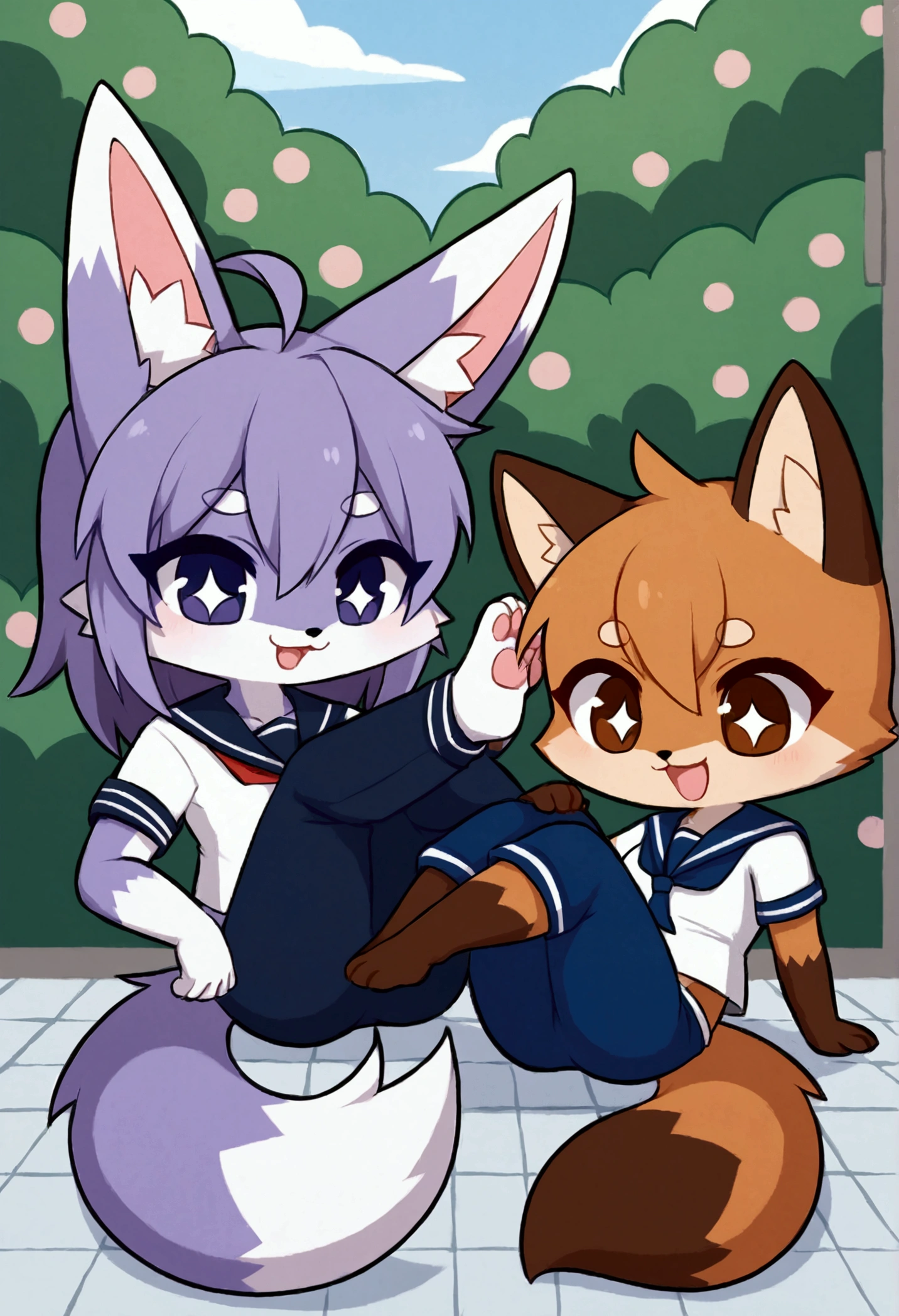 2girls, tanuki and fox, furry, bodyfur, tail, sailor suit, short ...