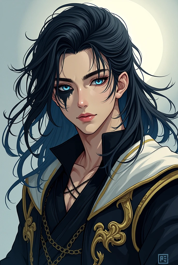 Make a murim manhwa character, with long black hair, He has blue eyes ...