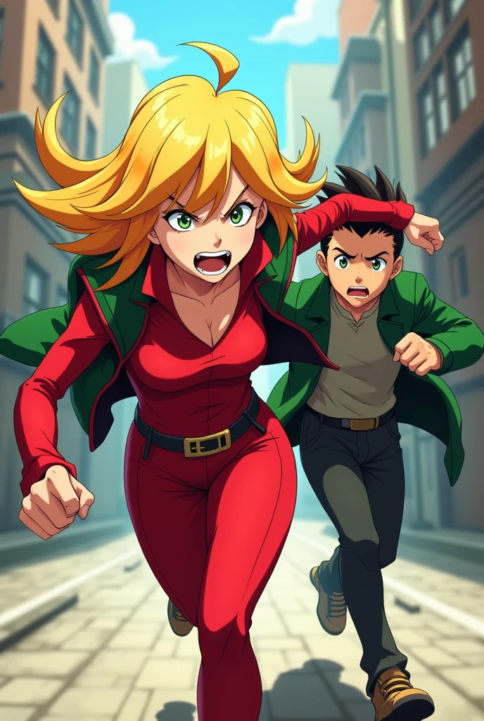 Create an anime image of an angry blonde girl in stylish red outfit ...