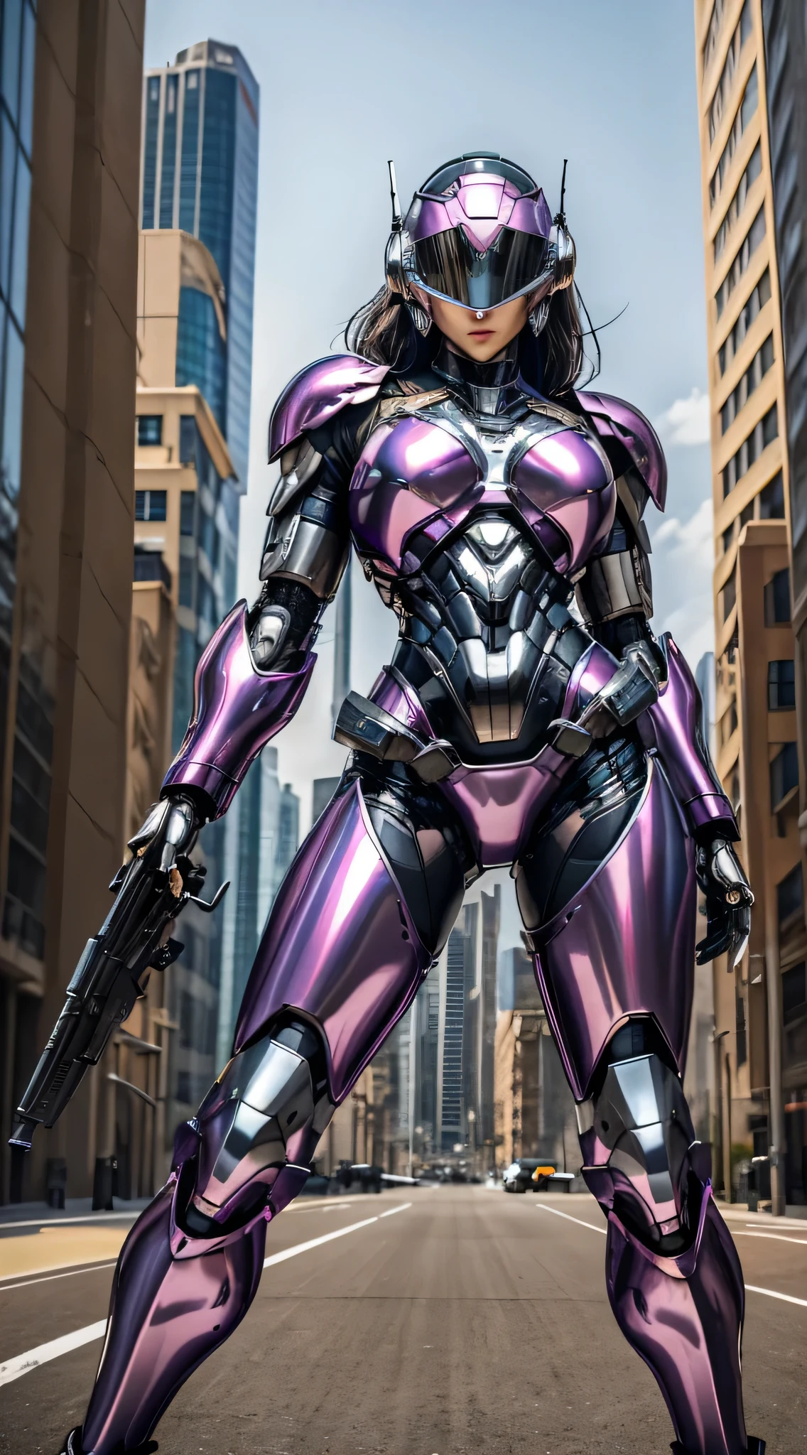 A woman in a purple suit holding a gun in a city - SeaArt AI