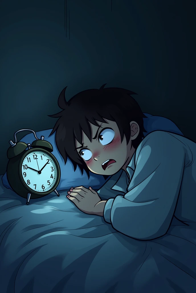 A 3 person, with a visibly tired expression, is lying on a bed with ...