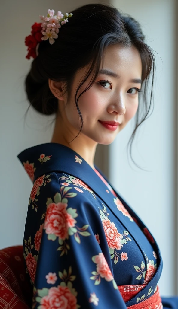 Japan、Kimono woman、A diligent smile、Ample breasts、乳輪がbig、Her chest is ...