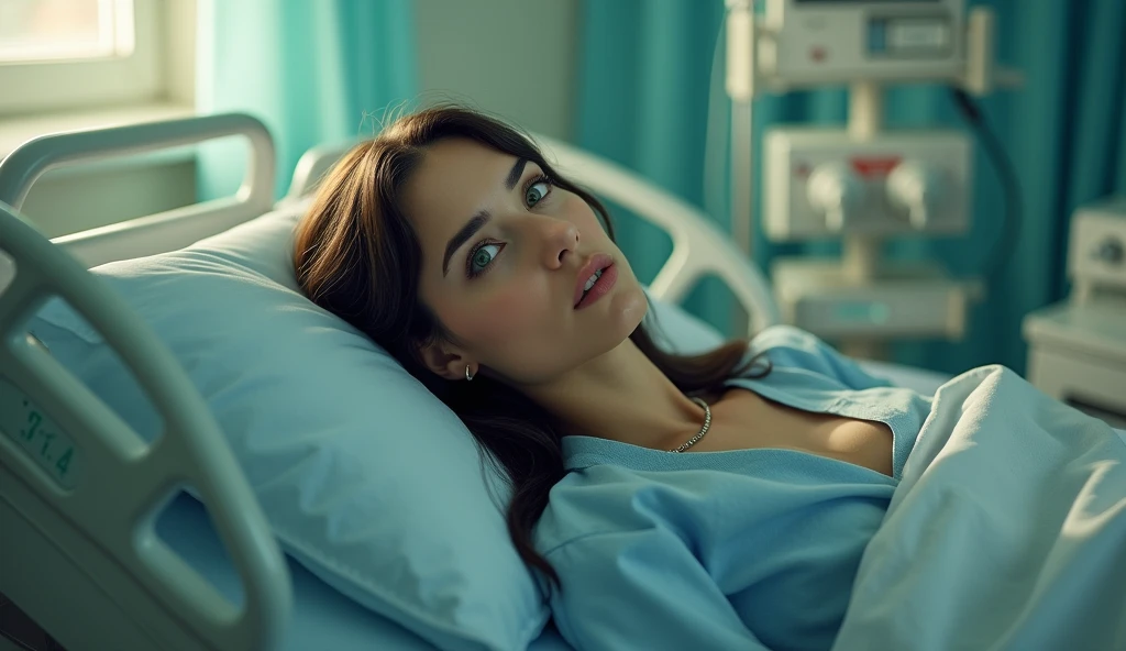 A hospital room filled with medical equipment, softly illuminated by ...