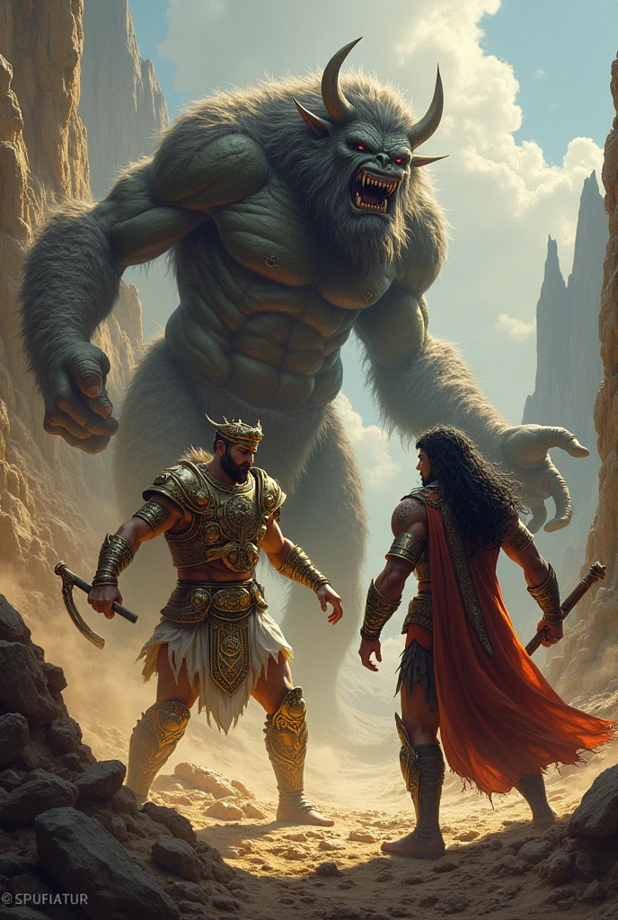 Gilgamesh e Enkidu (animal man) fighting mythical creatures - SeaArt AI