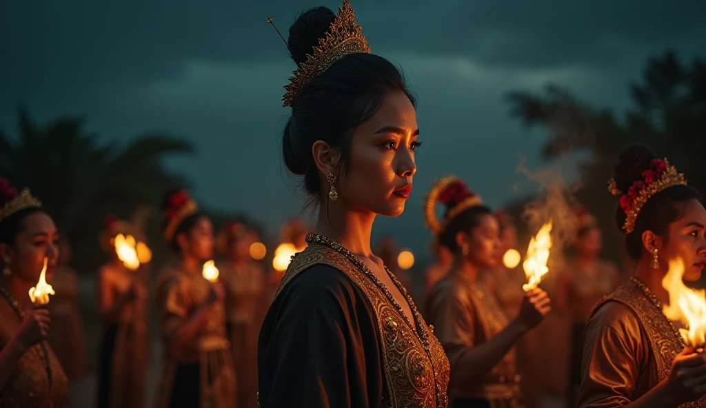 Roro Jonggrang ( Beautiful) Leading the Ladies, giving instructions to her ladie - SeaArt AI