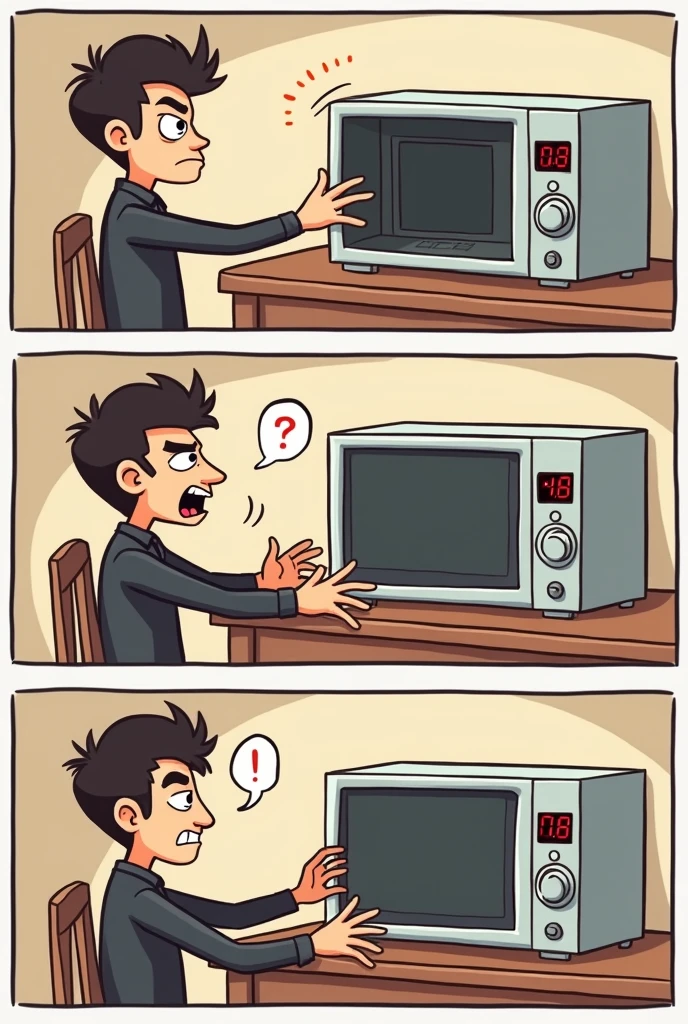 Create a three-comic strip about: Table 1: (A man is standing in the ...