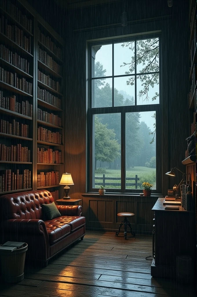 A very melancholic country library with rainy weather seen through the ...