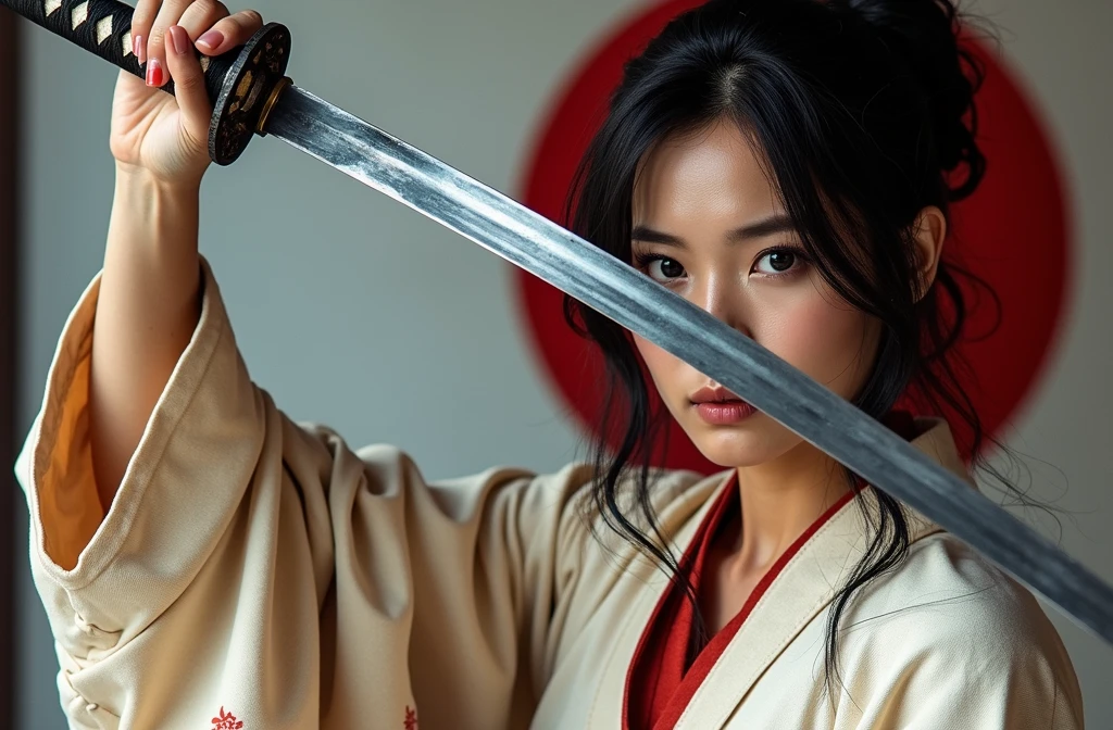 A close up of a woman in a kimono holding a sword, female samurai ...