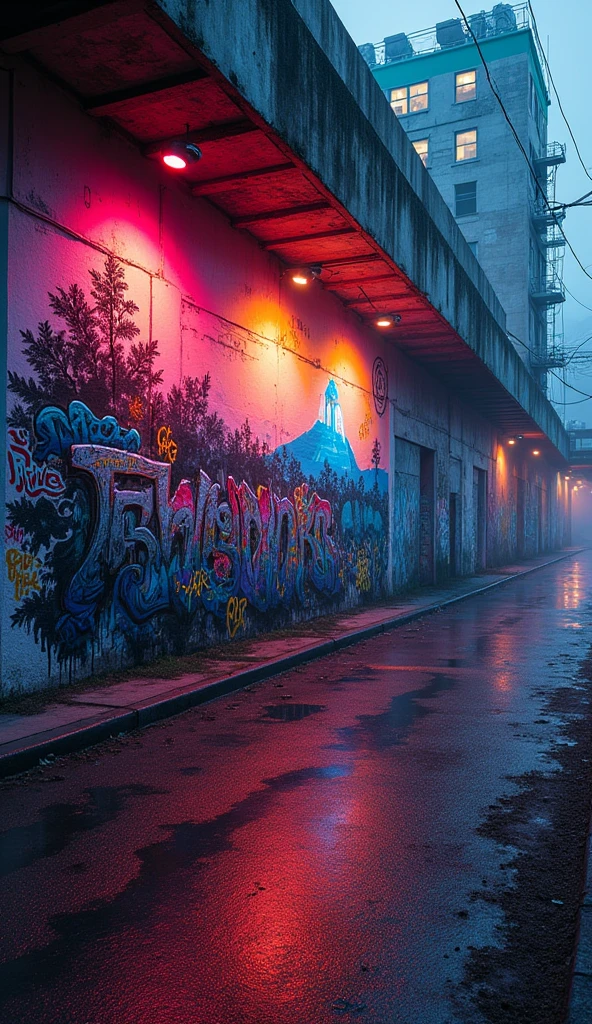 Photorealistic,graffiti on a suburban wall,colorful gradient landscape ...