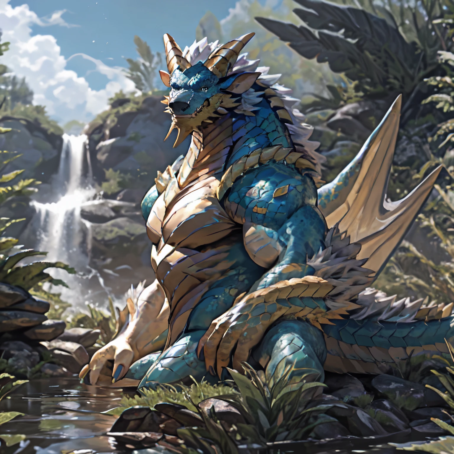 A close up of a dragon with a waterfall in the background - SeaArt AI