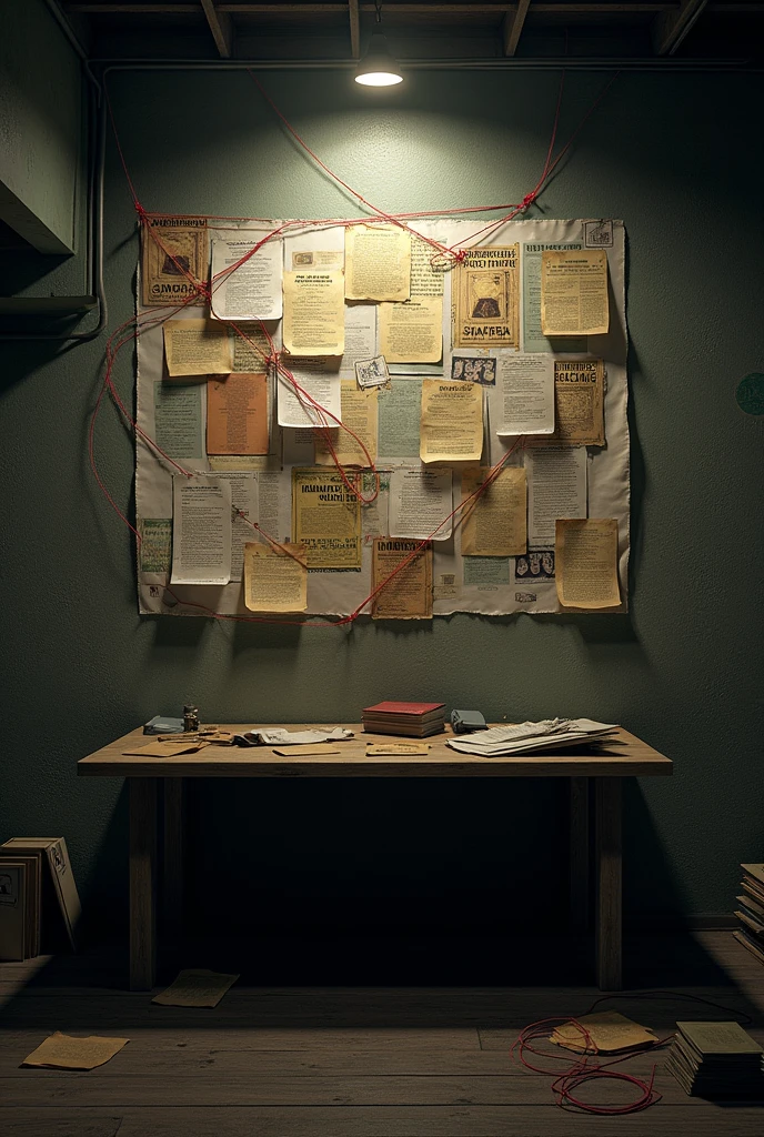 Basement light, close to a large wall. There are many scrap posters and ...