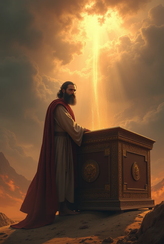 I want an epic image of Uzzah leaning against the Ark of the Covenant ...