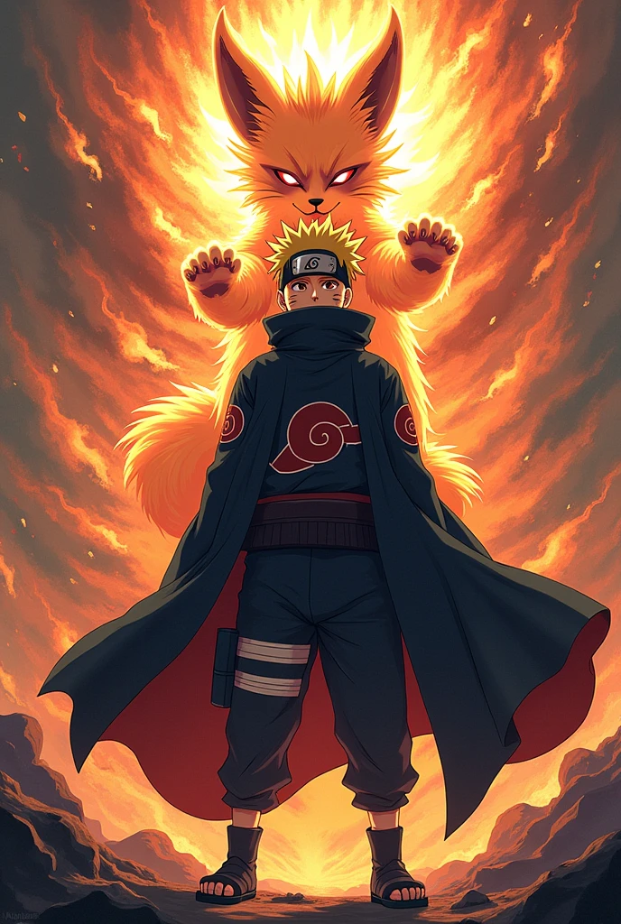 Naruto wears Akatsuki clothes and releases Kyubi for distro t - SeaArt AI