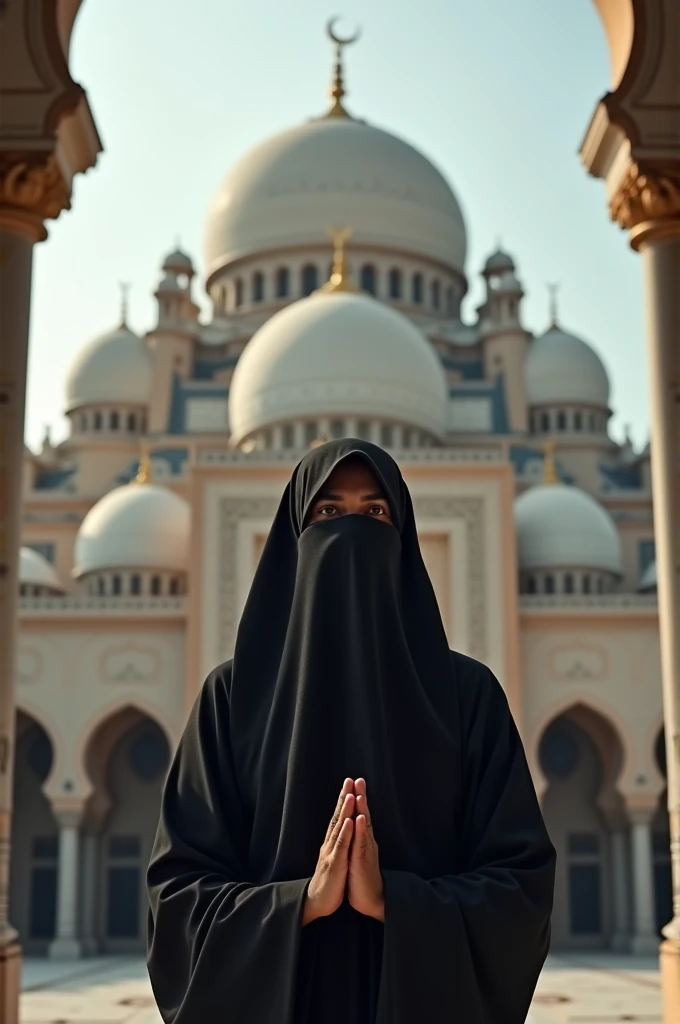A muslim man covered face with mosque background - SeaArt AI