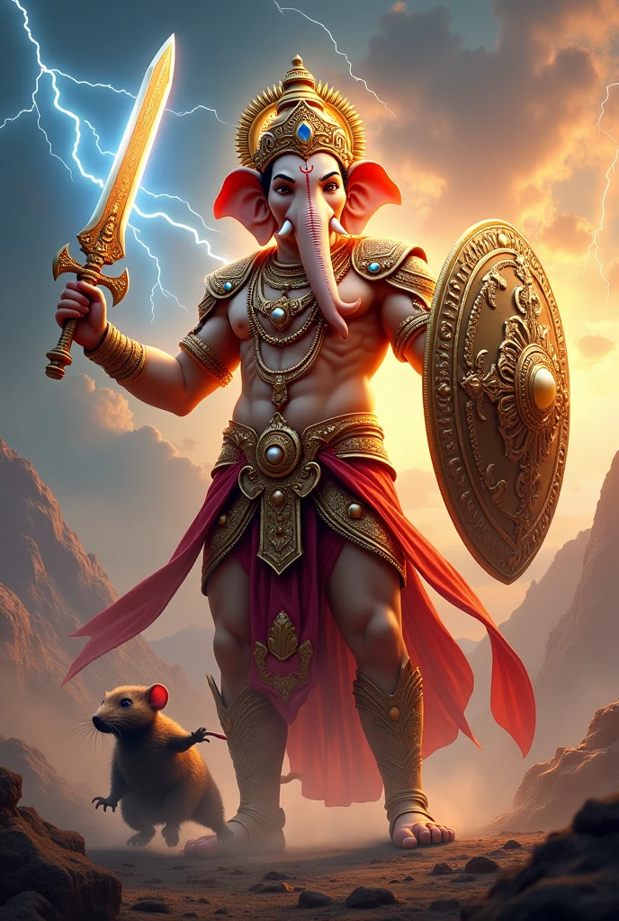 "Create a dynamic image of Lord Ganesha in a warrior form, standing ...