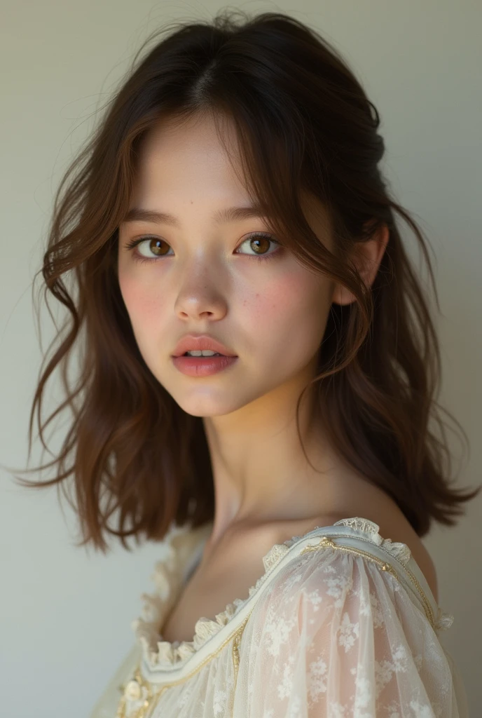 Portrait of girl with shoulder length hair, brown, high nose - SeaArt AI