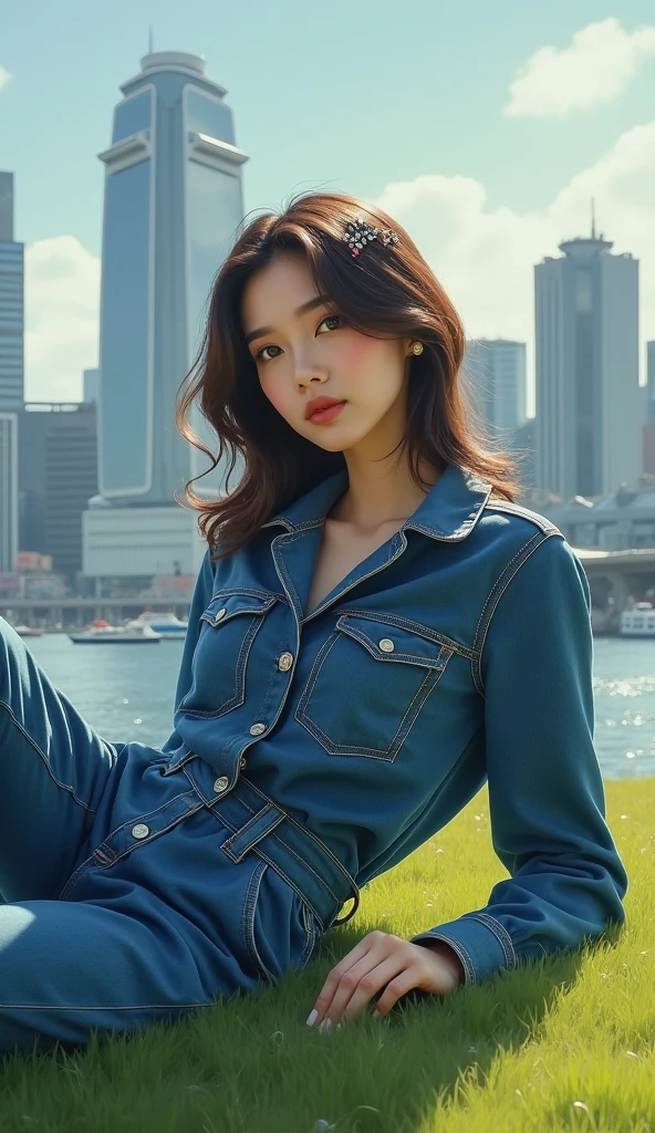 1 (wearing jeans комбинезон:1.3), Lie down on the grass, upper chamber ...