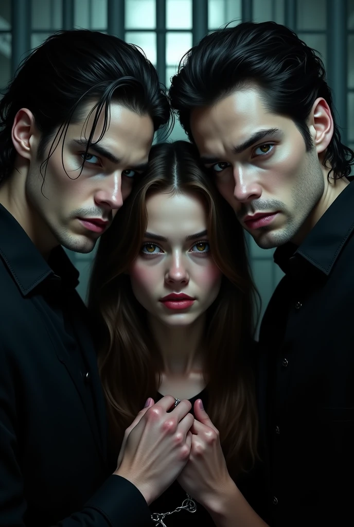 Create the image that on the left side of the girl there is a vampire ...