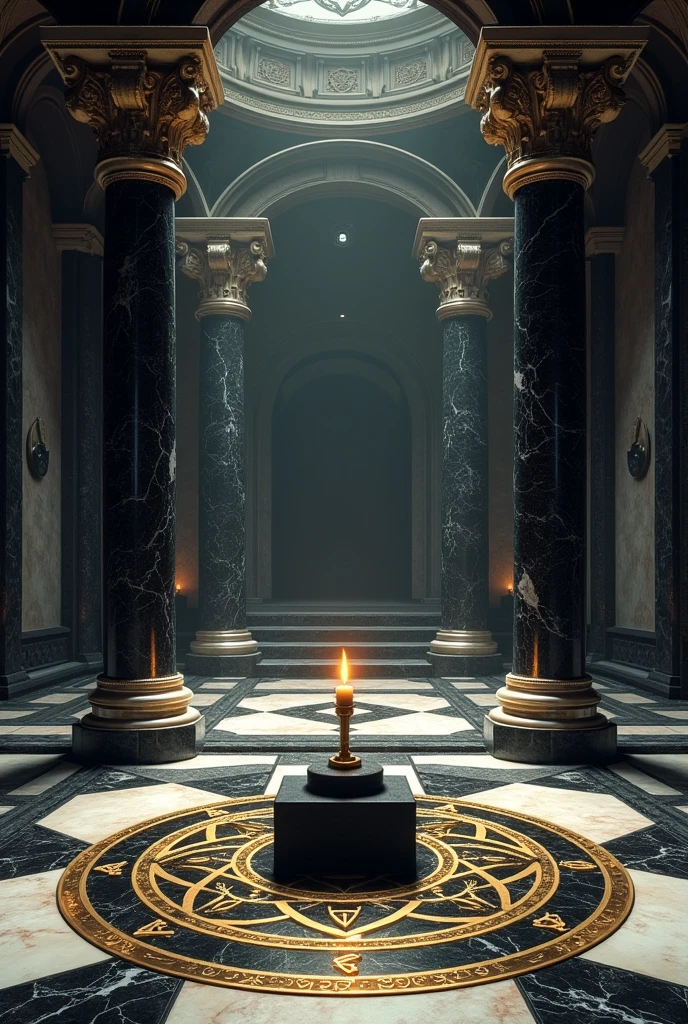 A magical temple with a ritual circle made of brass in the floor and ...
