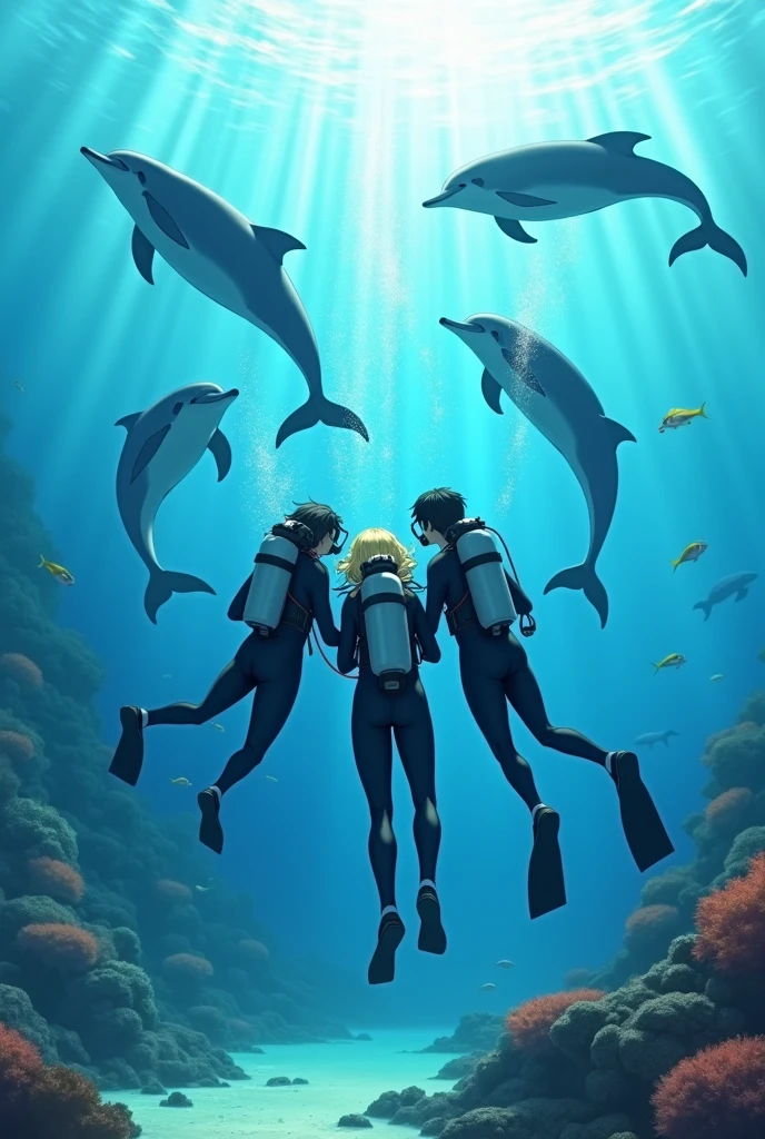 Three divers, a blond, and a brunette and another brunette in a sea ...