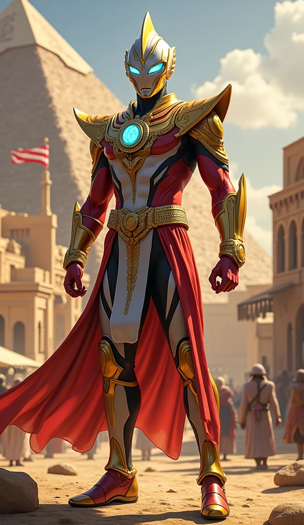 Criar um personagem Ultraman com um toque egípcio. Seu corpo deve ser ...