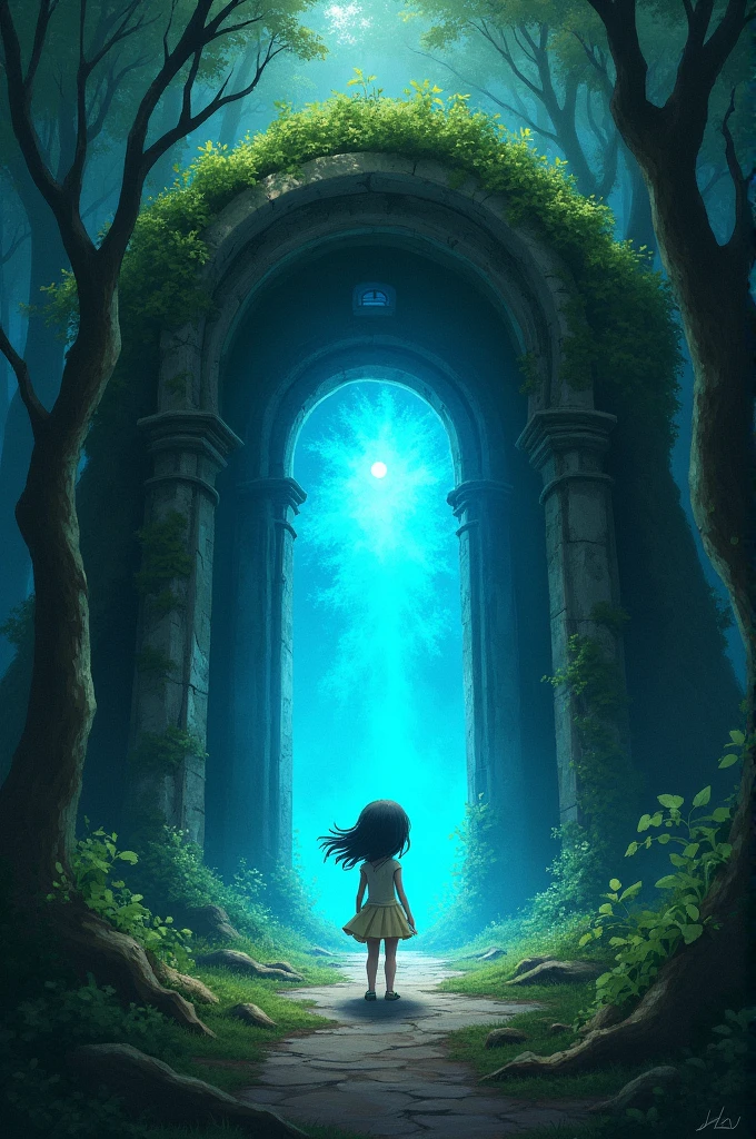 A young girl standing in front of a mysterious, glowing gate in the ...