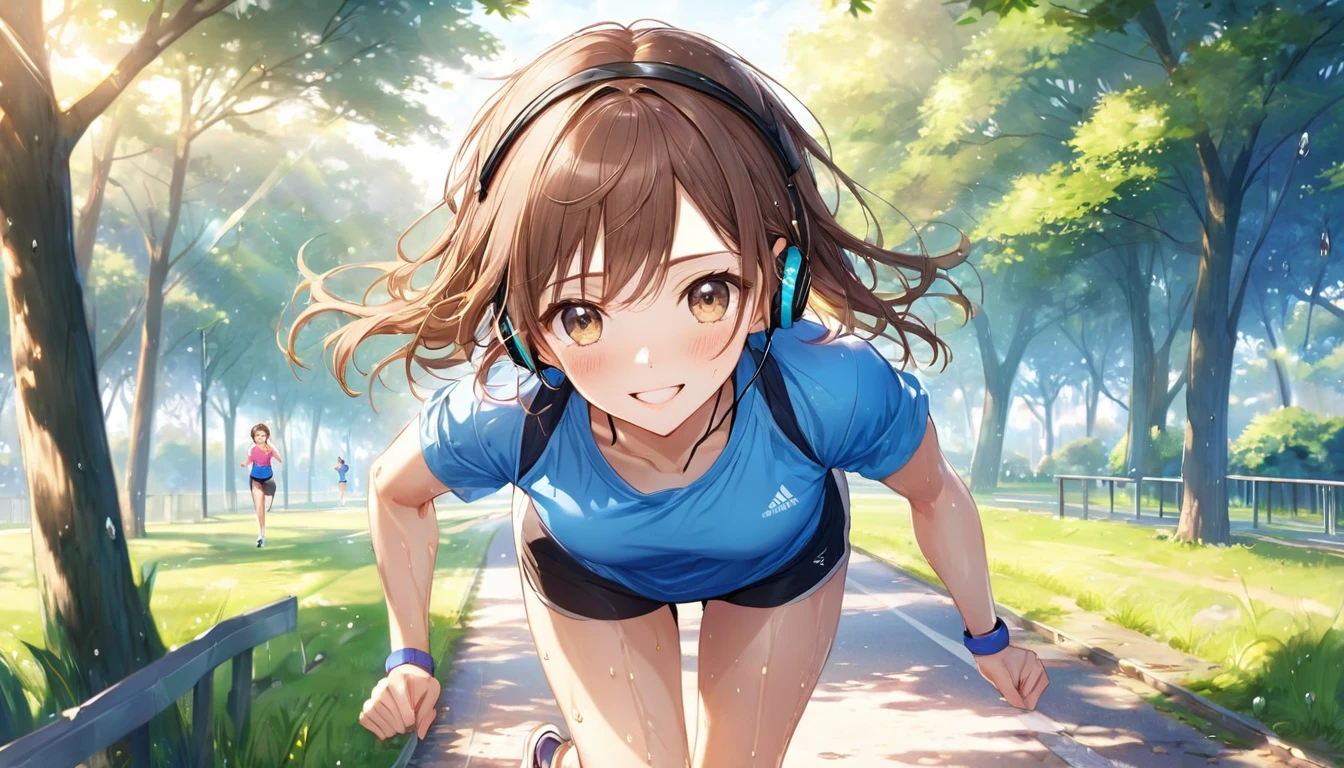 Background：Quiet park early in the morning、wood々is wet with morning dew ...