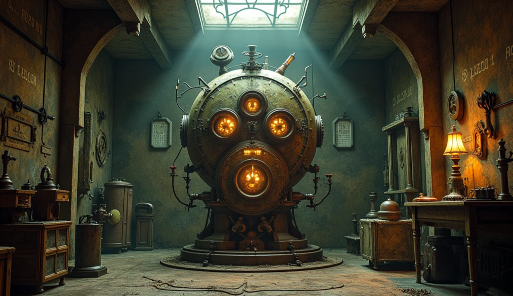 A hidden room inside an old lighthouse, filled with strange, ancient ...