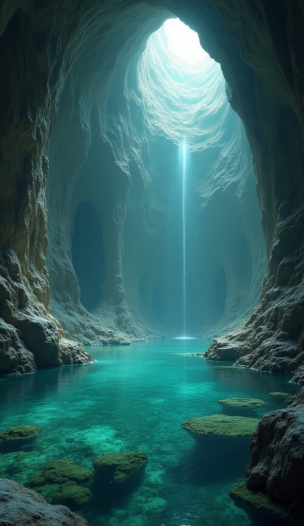 A vast mysterious cave with majestic light, ancient patterns shining ...