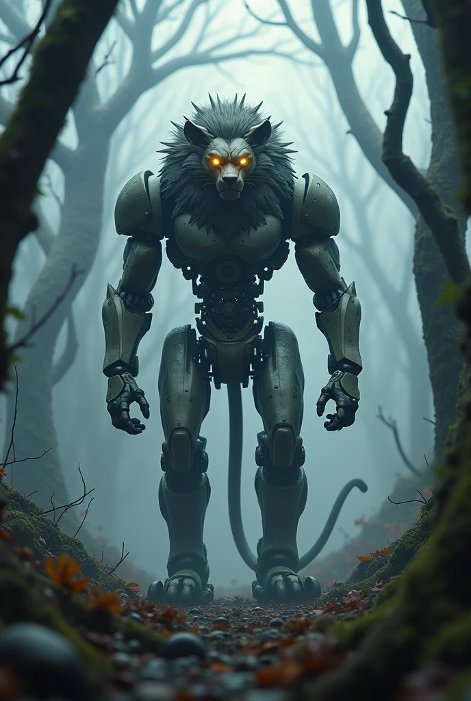 Draw me a lion Man robot with a spooky forest background Describe as ...