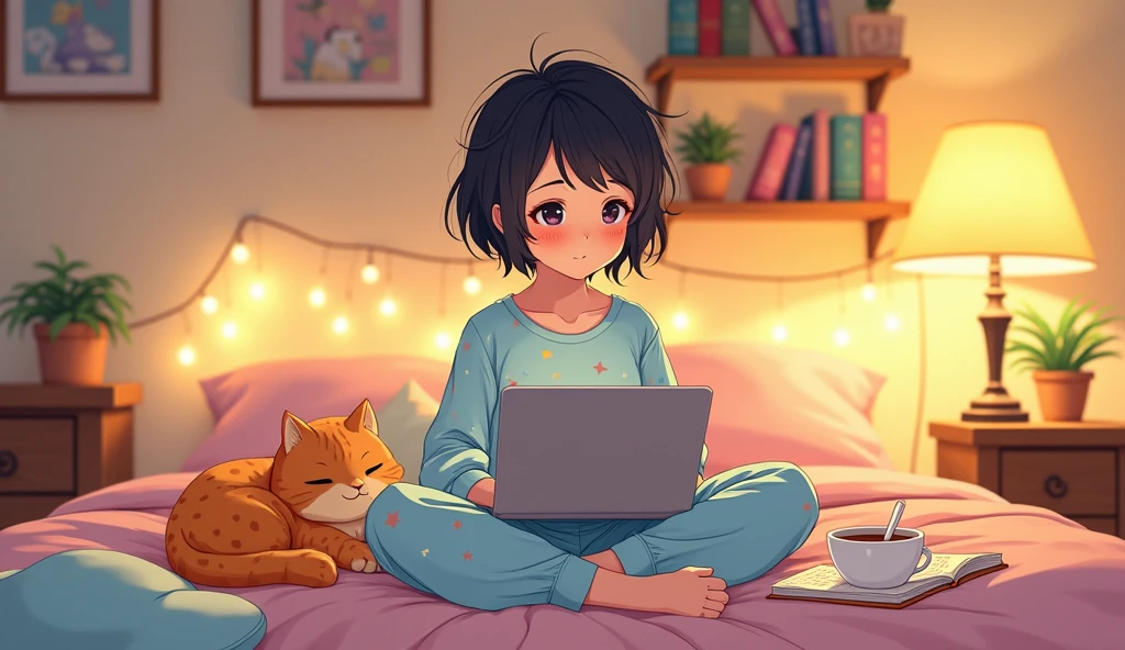 An anime-style illustration of a cozy, warmly lit room with soft ...