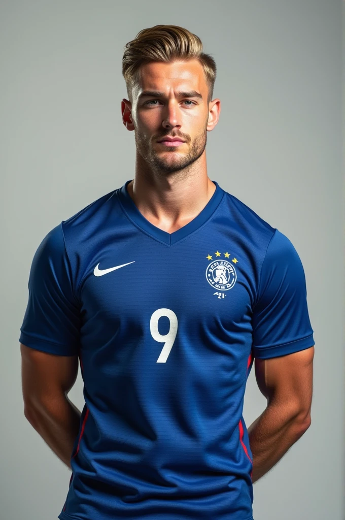 French Footballer named white with jersey number 9 Blonde hair slick ...
