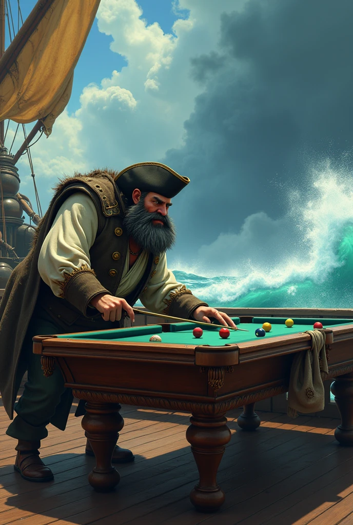 Big bearded pirate captain, moreno, gordo, playing pool on a pirate ...