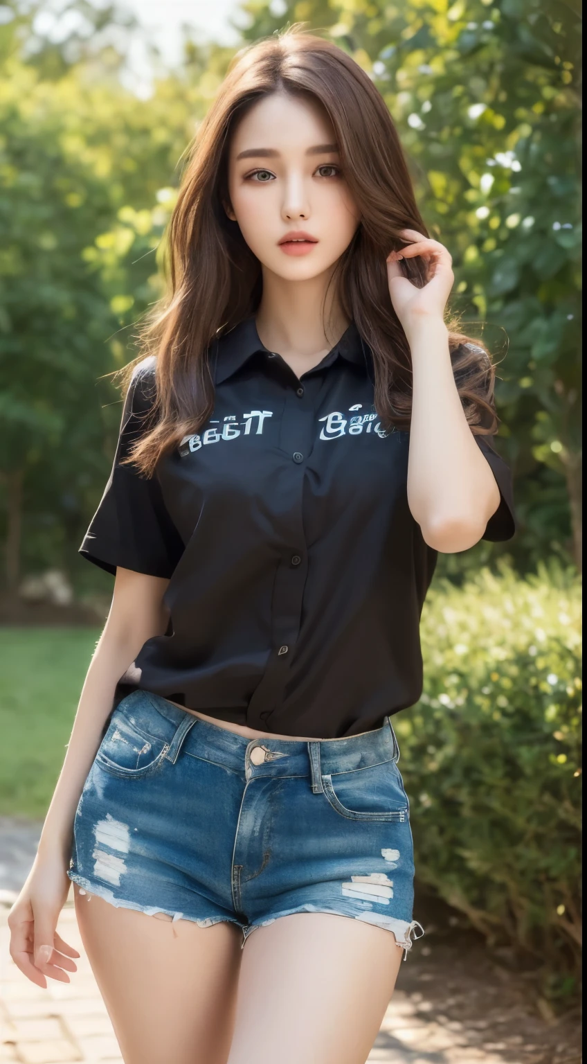 A woman in shorts and a shirt posing for a picture - SeaArt AI