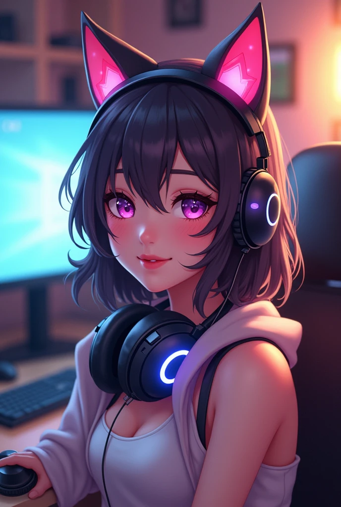 Make me a woman gamer streamer wearing headphone on neck and have cat ...