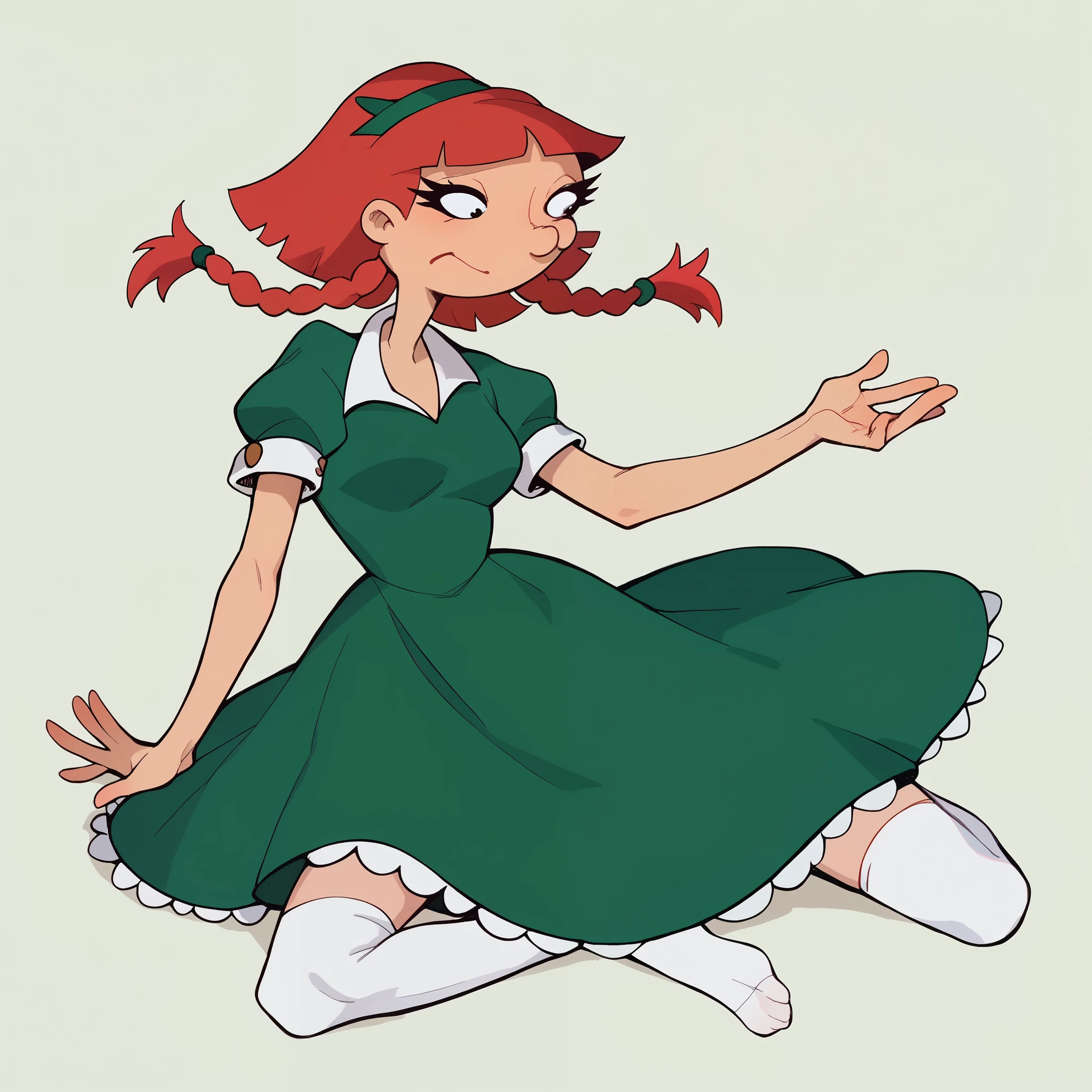 Cartoon girl in green dress sitting on the ground with her hands out ...