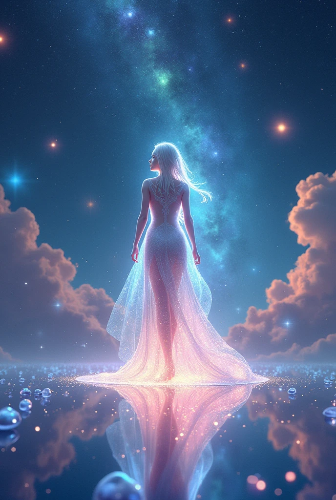 “A glowing girl in a flowing dress standing on a reflective surface ...